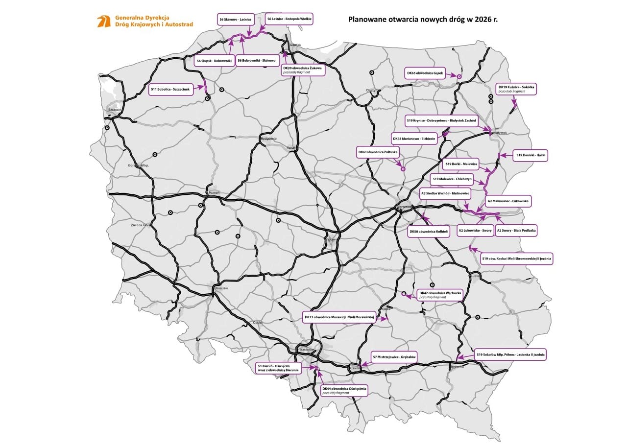 Nowe drogi w 2026 roku, w tym autostrady i drogi ekspresowe